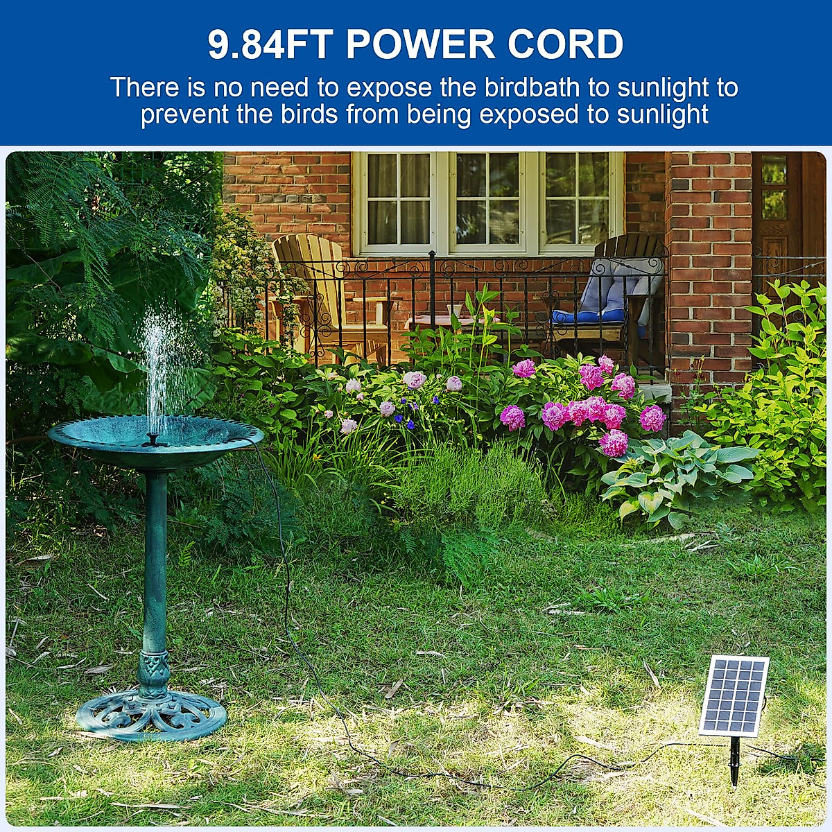 SZMP Solar Fountain Kit for Bird Bath, 9.84 Power Cord Glass Panel Solar Bird Bath Fountains No Battery 9 Nozzles, Solar Water Fountain for Outdoor Patio Garden Décor