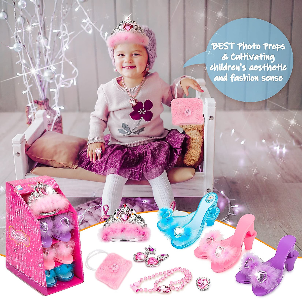 Princess Shoes and Girls Purse Jewelry Toys, Princess Dress Up Clothes for Little Girls, Toddler Dress Up Shoes, Crown Necklace Earrings, Ring, Girls Toys for Little Girls 3,4,5Years Old Pink