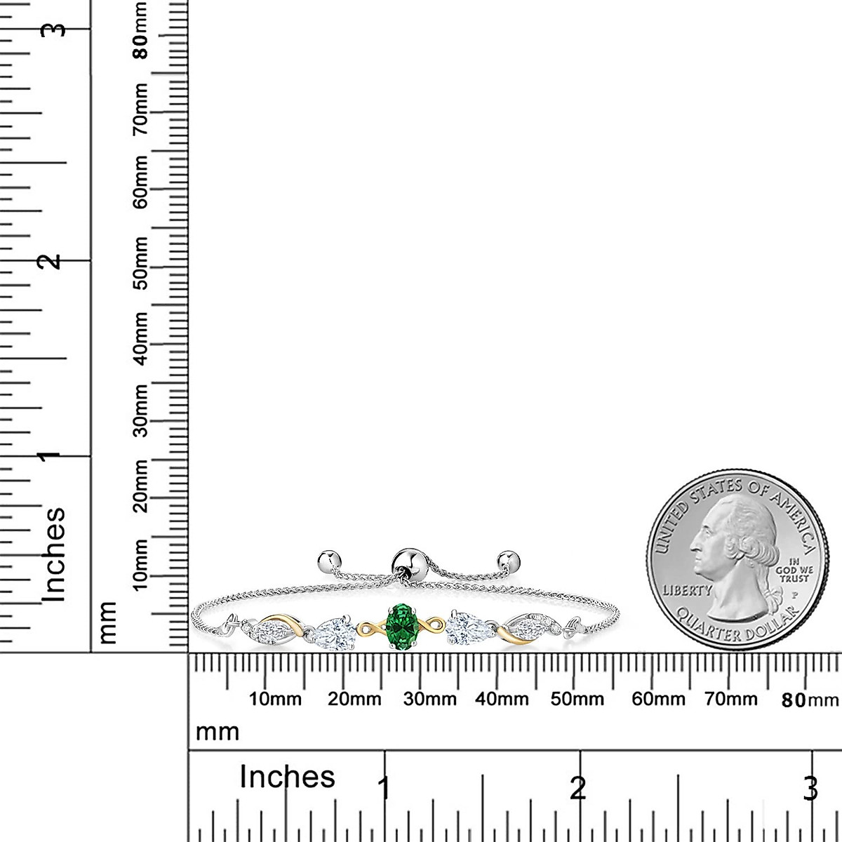 Gem Stone King 925 Silver and 10K Yellow Gold Oval Green Created Emerald White Moissanite and White Lab Grown Diamond Tennis Bracelet For Women (1.39 Cttw, Fully Adjustable Up to 9 Inch)