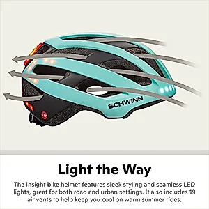Schwinn LED Insight ERT Bike Helmet for Youth Boys Girls, Front & Rear LED Lights, Can Fit Head Circumference 54-58 cm, 19 Air Vents, Adjustable Strap, Medium Blue