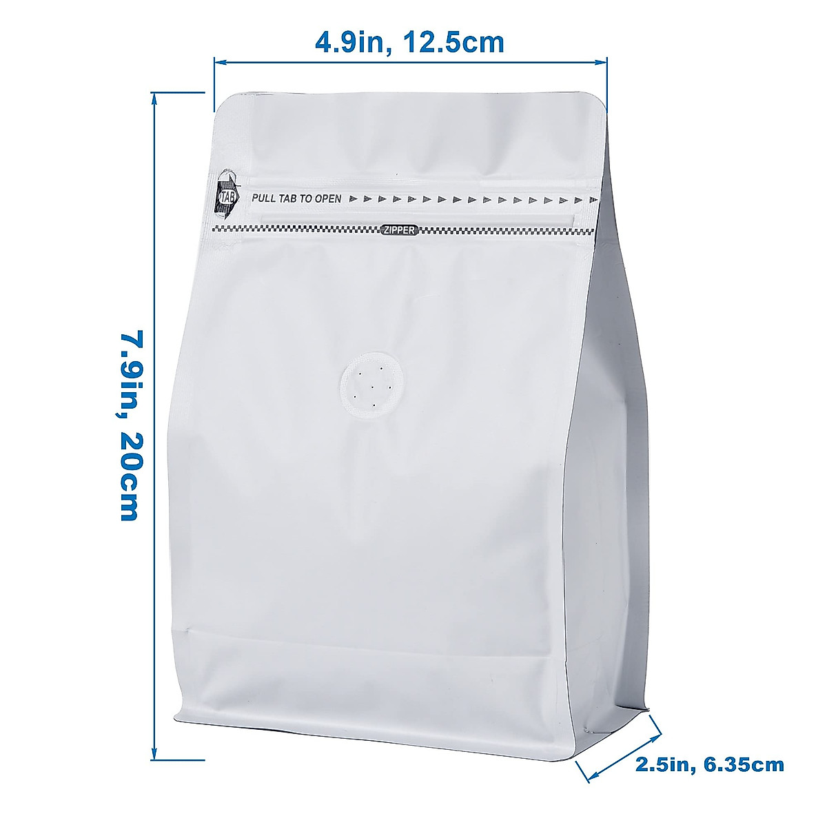 50 Count 8 Ounce Matt White Aluminum Foil Coffee Bags, Stand Up/Flat Bottom Side Gusset Coffee Pouches with Air Release Valve and Reusable Side Zipper (50, 8OZ, 0.5LB, 250G)