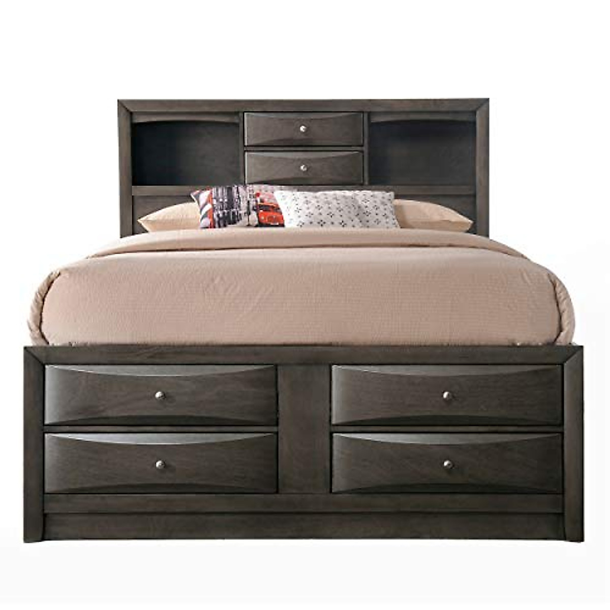 HABITRIO Queen Bed with Storage, Solid Wood Queen Size Bed Frame with Headboard (2 Bookcase, 2 Drawers), Footboard (4 Drawers), Rail with 2 Drawers, Wooden Slat, No Box Spring Needed, Gray Oak