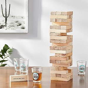 Game Night Tipsy Tower Glass Drinking Game Set w/Wooden Blocks & 4 Lead-Free Shots-Ideal Gift for Birthdays, Father's Day & More, 1 Count (Pack of 1), Brown