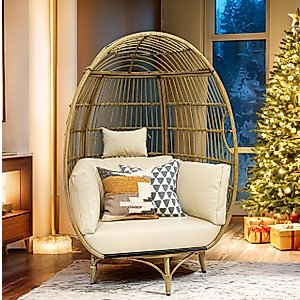 YITAHOME 360° Swivel Egg Chair Outdoor, 400lbs Capacity Oversized Patio Rotating Basket Chair, All-Weather Wicker Egg Lounger Chair for Outside Indoor (Beige)