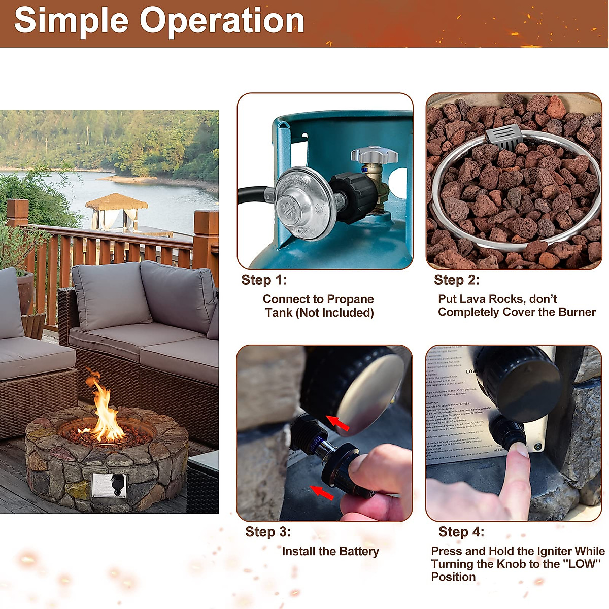 Toolsempire Outdoor Propane Fire Pit, 28" Gas Fire Pit 40,000 BTU Stone Look Fire Bowl with ETL Certification, Lava Rock & PVC Cover, Patio Propane Fire Pits for Outside, Christmas, Party(Gray)