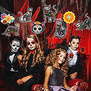 30 Pcs Day of The Dead Decorations Mexican Skeleton Cat Swirl Hanging Ornaments DIY Sugar Skeleton Cat Cutouts for Halloween Cinco De Mayo Dia De Muertos Party Supplies