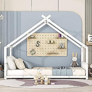 DNYN Twin Size Metal House Bed with Roof Design for Kids Bedroom,Sturdy Steel Bedframe,No Box Spring Needed, White