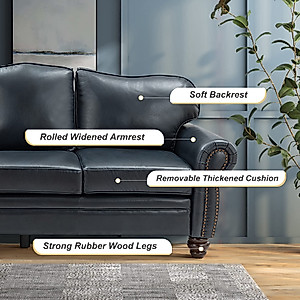 HULALA HOME 81'' Upholstered Leather Sofa with Removable Cushion, Mid-Century Modern Living Room 3-Seater Couch, Full Grain Leather Couch with Nailhead Trim and Rolled Arm for Bedroom Apartment, Navy