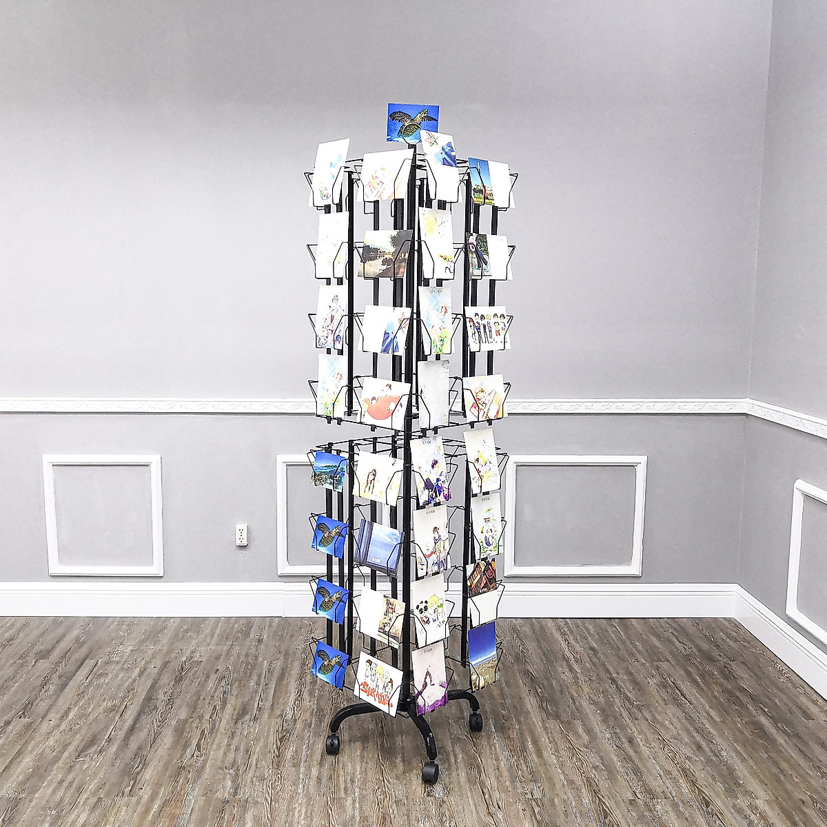 64 Adjustable Pockets Display Rack 5x7 7x5 up to 9.3" Wide X 8" Tall Cards, 1.27" deep Pockets, Double Tier Greeting Post Card Christmas Holiday Spinning Rack Stand Black 11603-L-BLK-NF