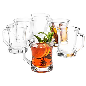 Glass Coffee Mugs for Hot Beverages with Handle, 7 ½ Ounce Hot or Cold Drinks, Glass Tea Cup, Turkish Tea Glasses, Set of 6,
