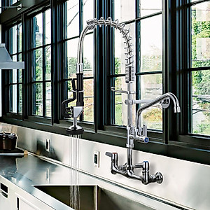 Commercial Kitchen Faucet with Sprayer, Pre-Rinse Wall Mount Kitchen Sink Faucet 25" Height Kitchen Tap with 9.6" Add-on Swing Spout for Restaurant
