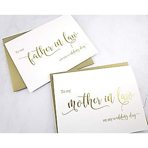 Set of 2 Gold Foil Wedding Day Cards with Gold Shimmer Envelopes, To My Mother in Law on my Wedding Day Card, To My Father in Law on my Wedding Day Card