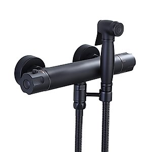 GeRRiT Handheld Bidet Sprayer for Toilet, Bathroom Thermostatic Bidet Shower Set, Wall Mounted Bidet Faucet with Hot and Cold Water, Brass Toilet Bidet Attachment, Black