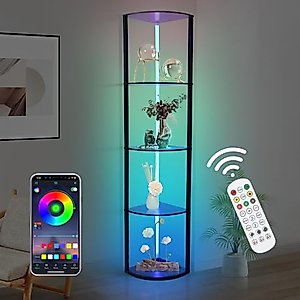 XIIW 5 Tiers Corner Shelf with Light, RGB LED Corner Bookshelf Standing Floor Lamp via App and Remote Control, Modern Corner Display Cabinet with Storage Rack for Living Room Bedroom Home