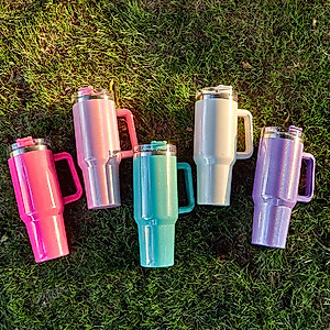 40 oz Rainbow Tumbler with Handle and Straw with lid Stainless Steel Thermos Mug Coffee Cup Outdoor Sports Travel Sippy Mug Gift Sparkling powder (rainbow Pink)