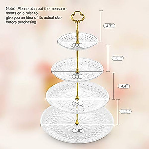 NWK 3/4-Tier Cupcake Stand with Crystal-Clear Plastic Plates and Metal Struts Dessert Stable Tower Display Rack Serving Tray for Wedding Birthday Bridal Shower Autumn NYE Tea Party (Gold)