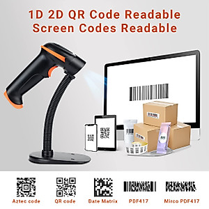 Tera Barcode Scanner Wireless and Wired with Battery Level Indicator 1D 2D QR Digital Printed Bar Codes Reader with Stand Portable Handheld Barcode Scanner Compact Plug and Play Model D5100-Z