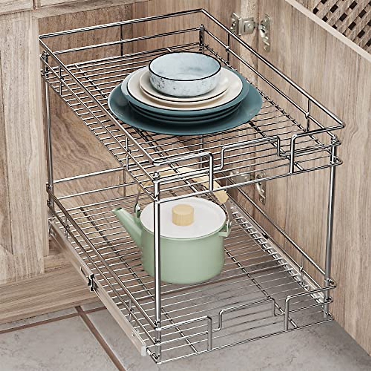 ROOMTEC New Version Pull Out Cabinet Organizer for Base Cabinet (11" W X 18" D), Kitchen Cabinet Organizer and Storage 2-Tier Cabinet Pull Out Shelves Under Cabinet Storage for Kitchen Silver,Chrome