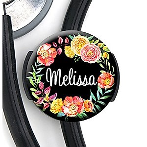 Stethoscope Tag - Black Floral Wreath - Personalized Name - Steth ID Tag/Nurse Badge