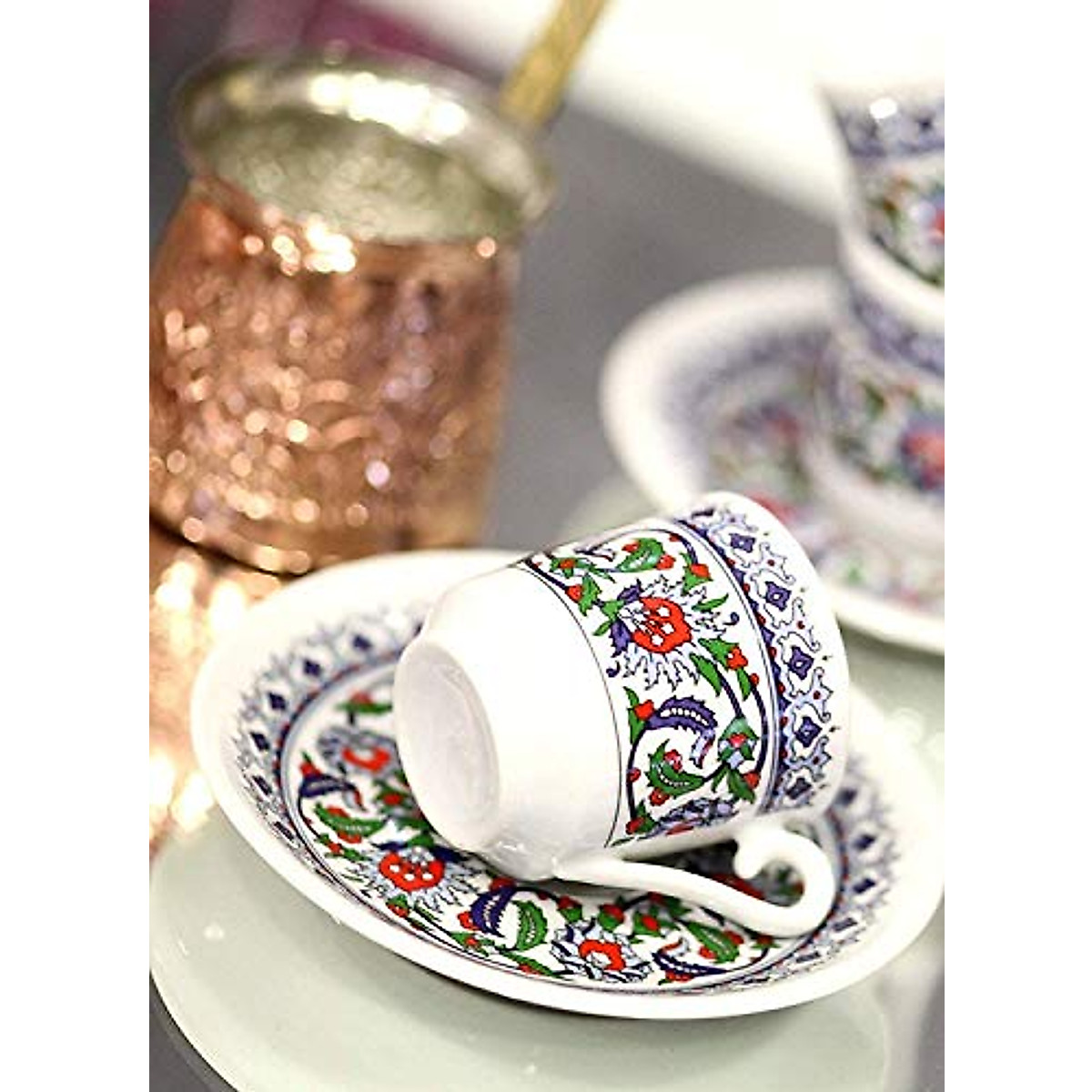 Amazing Turkish Arabic Coffee Espresso Cups 5 Pcs Fancy Set Famous Turkish Porcelain Cups with Saucers, Pot,Blue Velvet Authentic Box (Turkish Coffee Cup and Saucer (2 Sets) 4 Pieces)