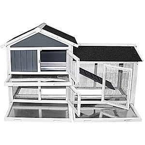 Lifeand Rabbit Hutch Chicken Coops Bunny Cage with Pull Out Tray, Ramp, Lockable Doors,Two Run Cage Outdoor Wooden Small Animal House,Gray
