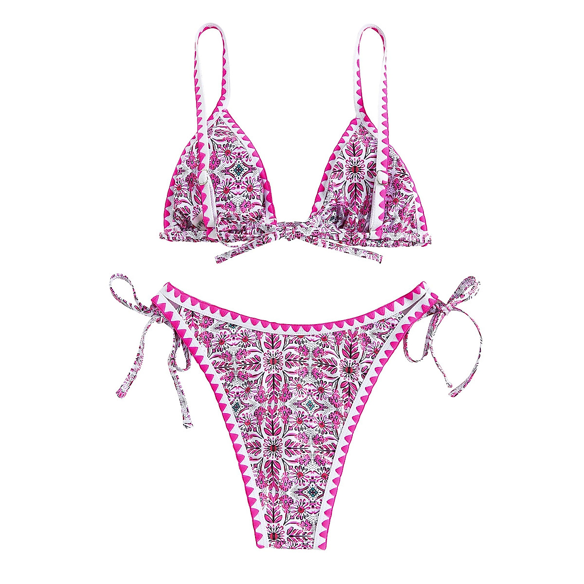 ZAFUL Women's Swimsuits Boho Floral Print Triangle String Thong Bikini Set Sexy High Cut Swimwear Bathing Suit Pink