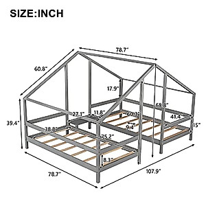 Double Twin Size Platform Beds with Built-in Table,Wood House Twin Beds Frames with Canopy Triangular Roof for Kids Teens Adults,Wood Slats Support/No Box Spring Needed,Gray