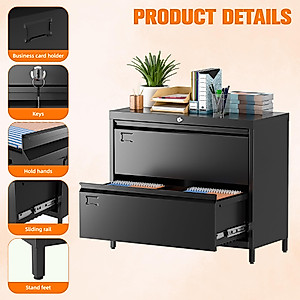 GangMei Metal Lateral File Cabinet with 2 Drawers, Wide Lateral Filing Cabinet with Lock for Hanging Files Letter/Legal/F4/A4 Size for Home Office School, Black, Assembly Required