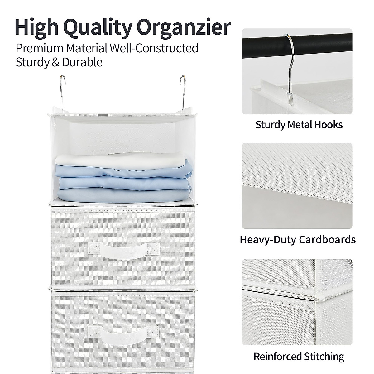 GRANNY SAYS Hanging Closet Organizer and Storage, 6 Shelf Clothes Organization with Drawers, 6 Side Pockets Closet Hanging Shelves for Bras, Socks, Underwear, Nursery Room, Wardrobe, White, 1-Pack