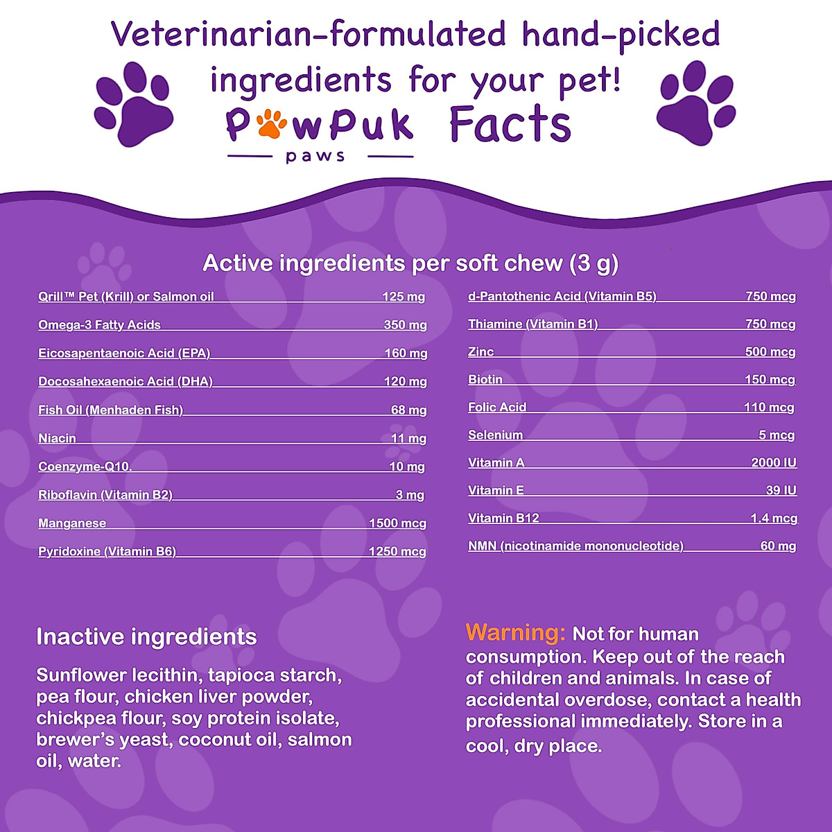 PawPuk Paws Omega 3 Fish Oil Chews for Dogs - EPA & DHA for Skin & Coat Health Plus Overall Health, Itch Relief, Joint & Mobility Support, CoQ10 & NMN - Natural Anti-Aging Supplement for Dogs