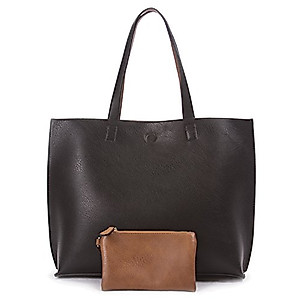 Overbrooke Reversible Tote Bag - Vegan Leather Womens Shoulder Tote with Wristlet, Black/Light Brown, Large