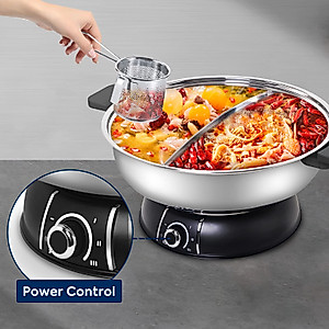 Austric Electric Shabu Shabu Hot Pot, 304 Stainless Steel Hot Pot with Divider Electric pot with Tempered Glass Lid for Party, Family Gathering,5L large capacity… (HS-160BU-Lift)