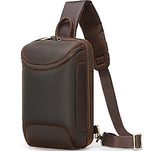 Full Grain Leather Sling Bag for Men Small Tablet Backpack Fits 10 Inch Tablet Mini Hiking Crossbody Shoulder Chest Bags