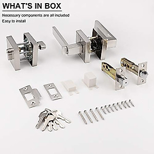 Entry Door Handle Set with Single Cylinder Deadbolts, Satin Nickel Finish Door Levers with Lock&Keys, Contemporary Modern Style Door Handleset Combo Pack, Keyed Alike per Set