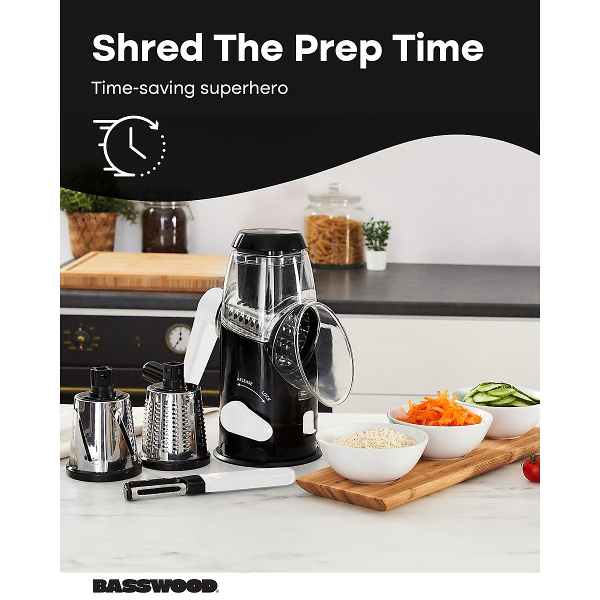 BASSWOOD Rotary Cheese Grater with Handle - Mandoline Slicer with 3 Stainless Steel Drum Blades-Vegetable Slicer Walnuts Grinder Cheese Shredder Round Mandoline with Peeler (Black)