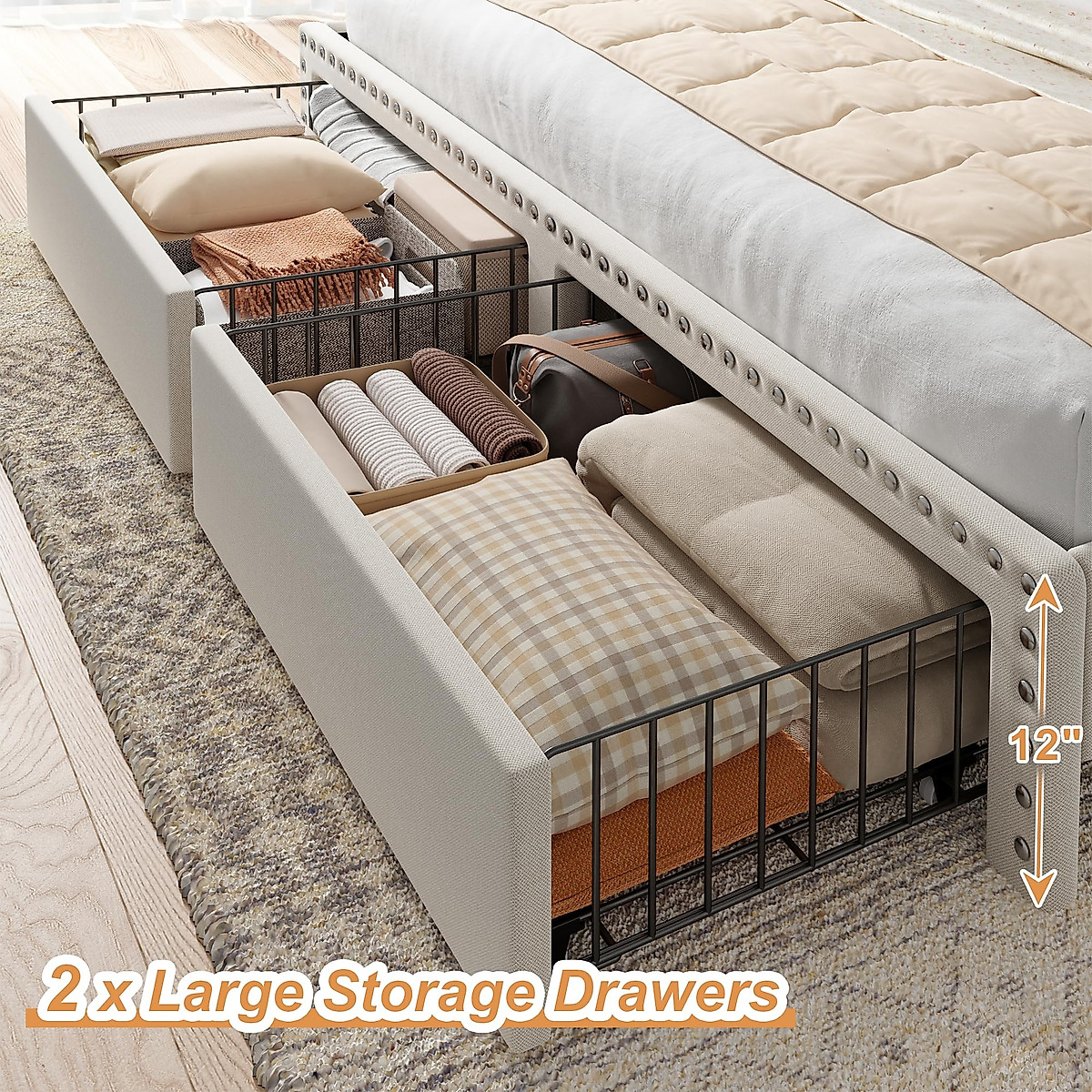EnHomee Queen Bed Frame with Headboard and Storage, Upholstered Queen Bed Frame with Storage, Queen Size Bed Frame with 2 Drawers, Queen Size Bed Frame with Storage, NO Noise,No Box Spring Needed