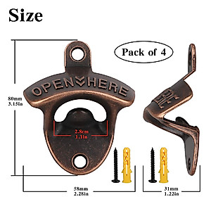 4 Pcs Bottle Opener Wall Mounted, Antique Metal Beer Bottle Top Openers Hardware With Mount Screws Set, Outdoor, Rustic, Cabinet, Bar (Vintage-Red bronze)