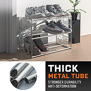 NiHome Silver 3-Tier Shoe Rack - Geometric Patterned Multi-Layered Organizer for Small Spaces with 6 Pair Storage Capacity, Ideal for Closets, Hallways, Entryways, Living Rooms and Bedrooms