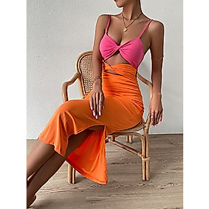 WDIRARA Women's Twist Front Split Thigh Bodycon Dress Cut Out Sleeveless Long Dresses Pink Orange XS