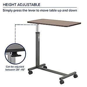 Drive Medical 13067 Adjustable Non Tilt Top Overbed Table With Wheels for Hospital and Home Use, Standing Desk, Silver Vein