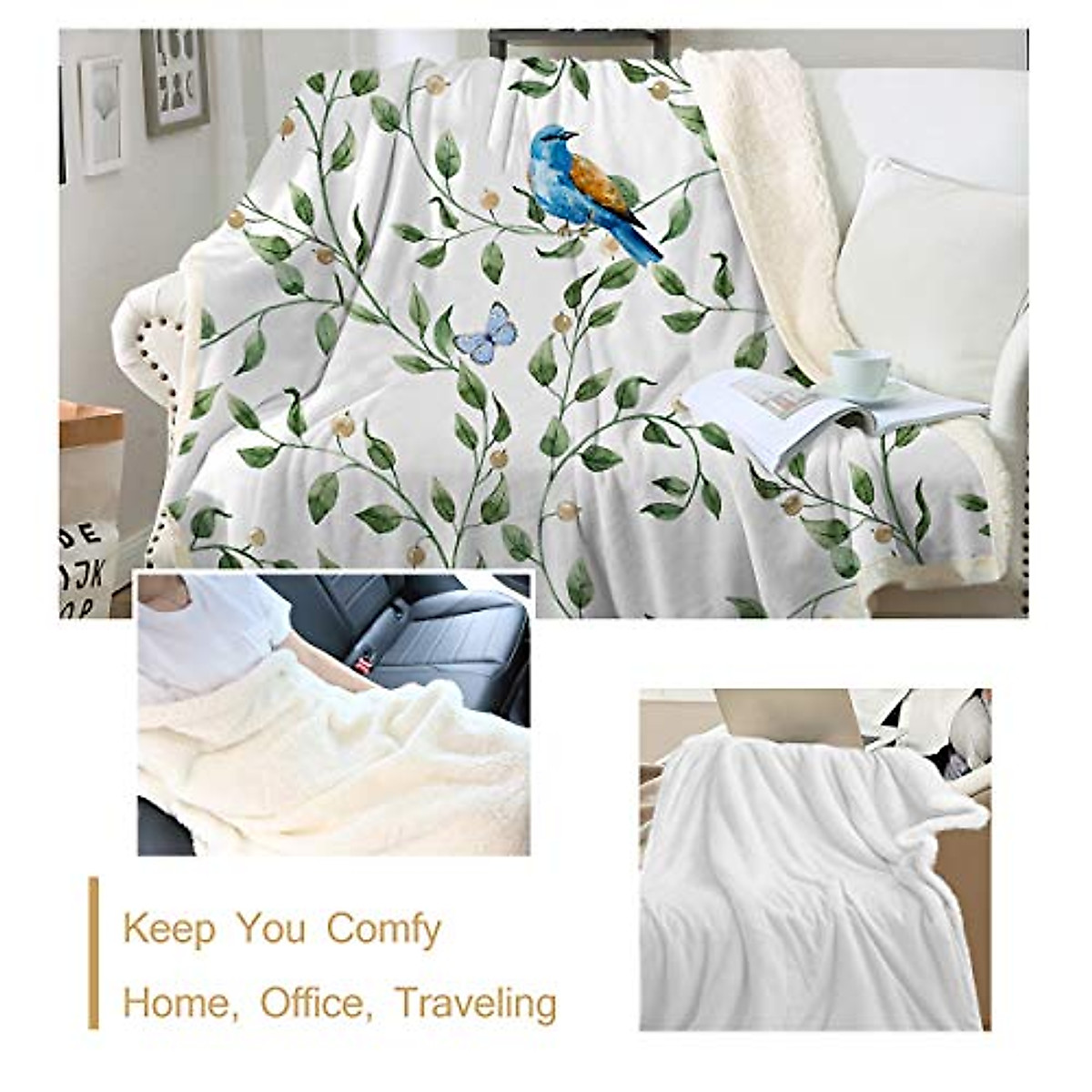 Sleepwish Watercolor Green Leaves Sherpa Fleece Blanket Butterflies Blue Birds and Tree Branch Soft Blanket Spring Pattern Super Warm Lightweight Bed Couch Blankets Throw(50"x60")