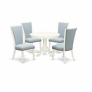 East West Furniture HLVE5-LWH-15 5 Piece Dining Set Includes a Round Dining Room Table with Pedestal and 4 Baby Blue Linen Fabric Upholstered Chairs, 42x42 Inch, Linen White