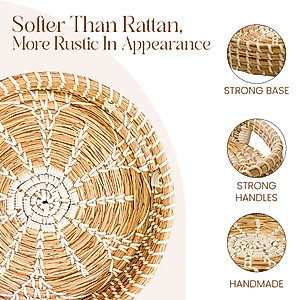 Flower Rattan Tray , Round Wicker Woven Basket Serving Trays Decorative (11in), Natural & White