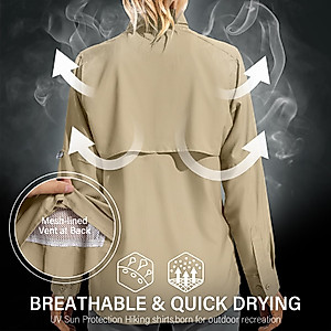 Women's UPF 50 Long Sleeve Safari Shirts,Sun Protection Quick Dry Outdoor Fishing Hiking Gardening Shirt,F5026,Khaki,L