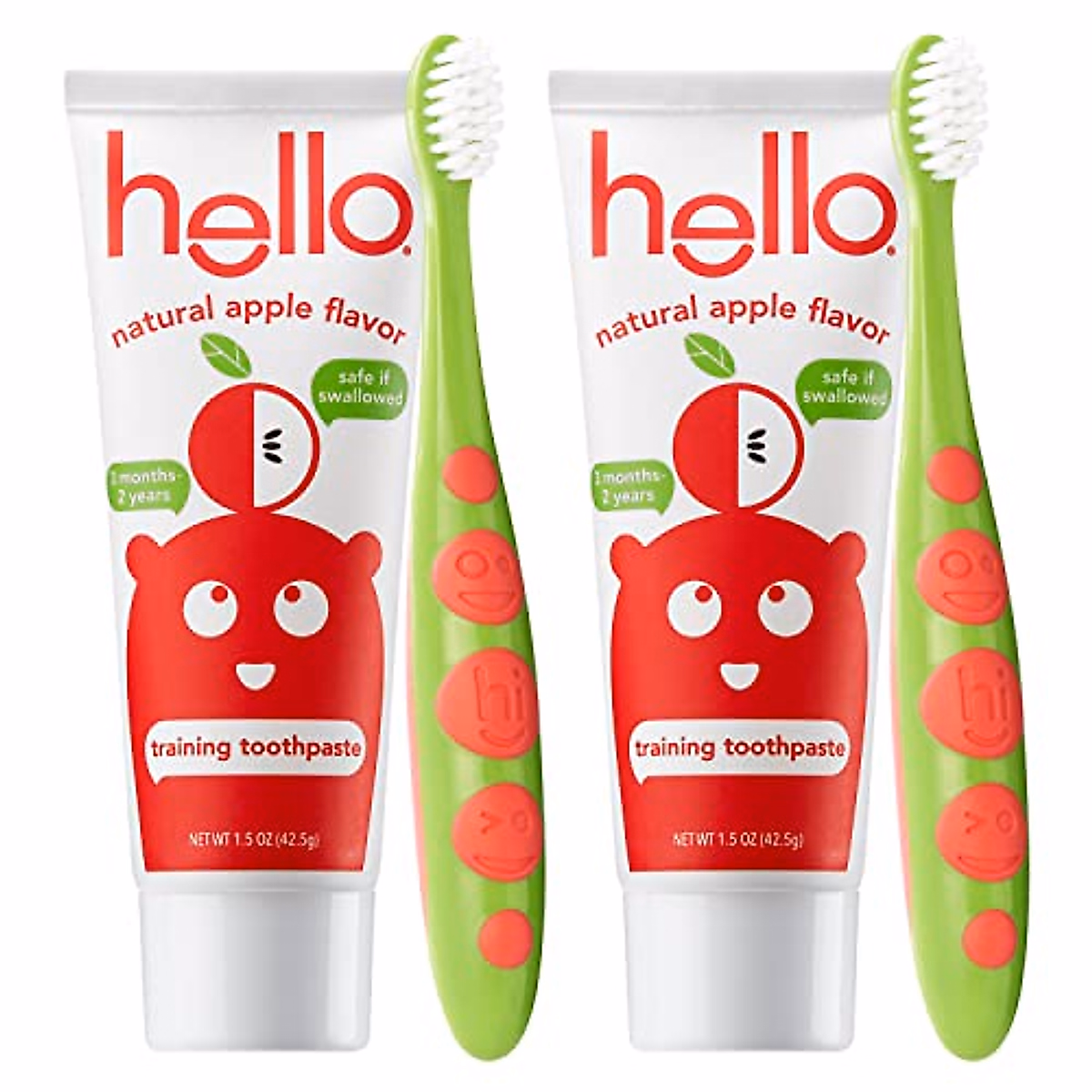 hello Natural Apple Flavored Training Toothpaste and Toddler Bundle, for Kids Age 2 Months to 3 Years, Safe to Swallow for Baby and Infants, Vegan, SLS Free, Gluten Free 4 Piece Set(Pack of 2)