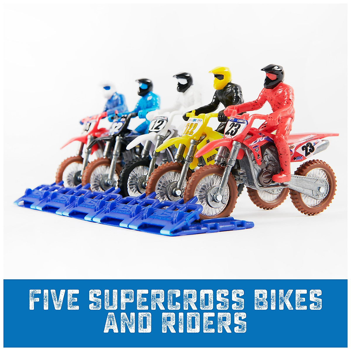 Supercross, Authentic 5-Pack of 1:24 Scale Die-Cast Motorcycles with Rider Figure, Toy Moto Bike for Kids and Collectors Ages 3 and up