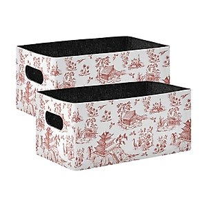 Emelivor Chinoiserie Style Fabric Storage Basket Bins Set (2pcs) Felt Collapsible Storage Bins with Fabric Rectangle Baskets for Organizing for Organizer, Closet, Shelves, Office