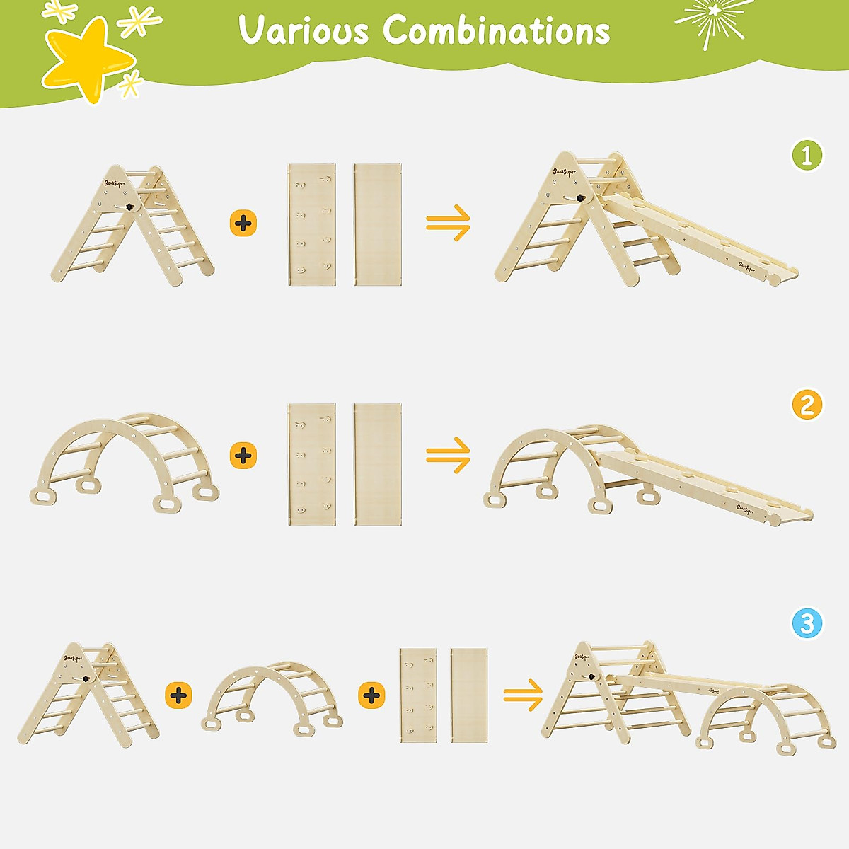 BanaSuper 3 in 1 Climbing Triangle Ladder with Ramp & Arch Foldable Wooden Climbing Triangle Set Montessori Climbing Toys for Baby Ourdoor Indoor Playground Play Gym Gift for Boys Girls