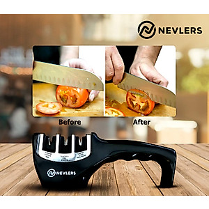 Nevlers 3 in 1 Kitchen Knife Sharpener with Cut Resistant Gloves | Knife Sharpeners for Kitchen Knives Preps, Repairs, Sharpens | Blade Sharpener with Diamond, Ceramic & Tungsten Steel Slots (Black)
