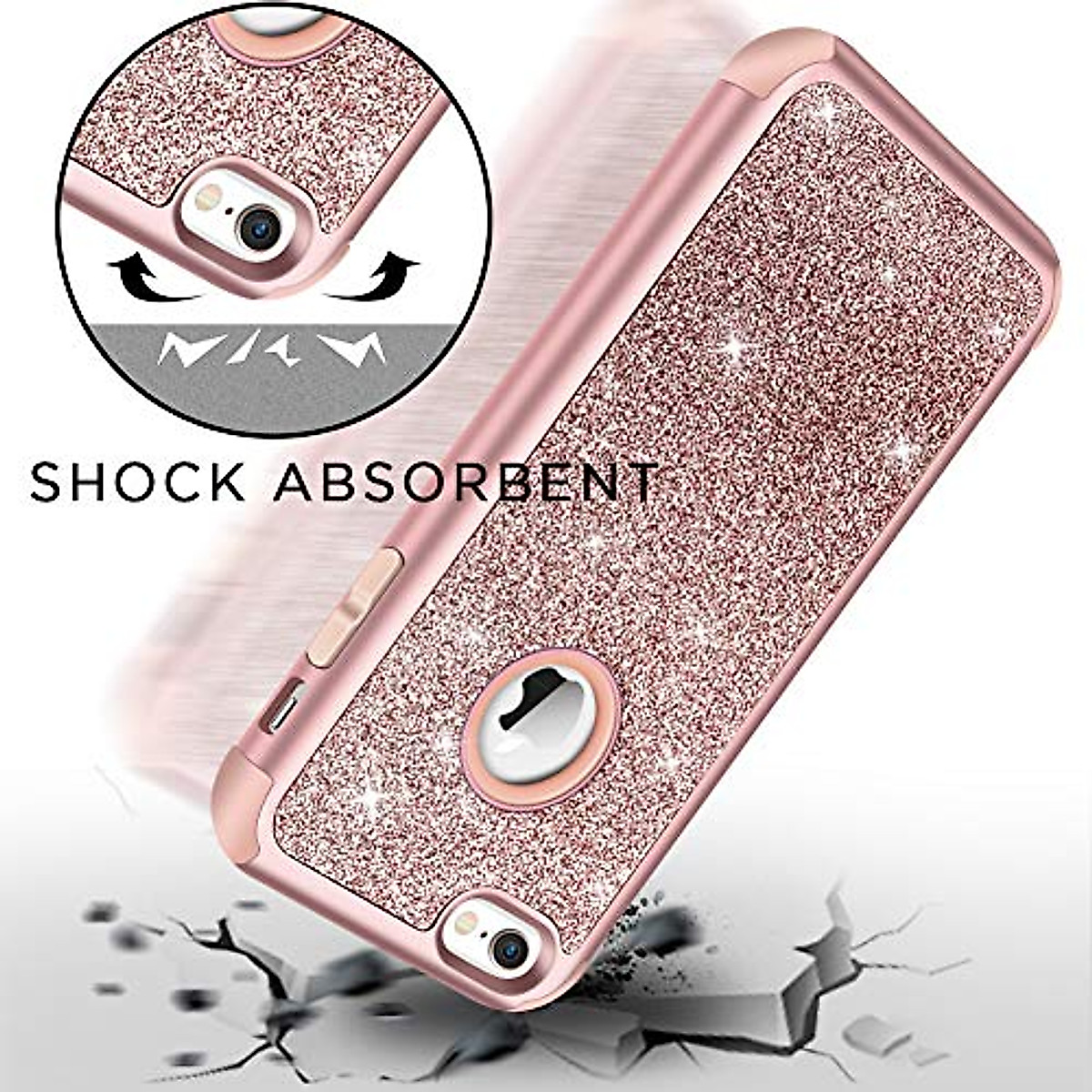 Hython Compatible with iPhone 6/6s Case, Heavy Duty Full-Body Defender Protective Case Bling Glitter Sparkle Hard Shell Hybrid Shockproof Rubber Bumper Cover for iPhone 6 and 6s 4.7-Inch, Rose Gold